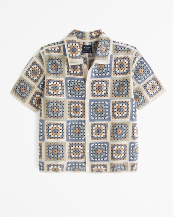 Men's Crochet-Style Pattern Button-Through Sweater Polo | Men's Tops ...