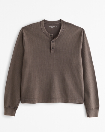 Men's Long-Sleeve Grid Waffle Cropped Henley | Men's Clearance ...