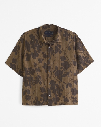 Mens Short Sleeve Cropped Textured Button Up Shirt Mens Clearance
