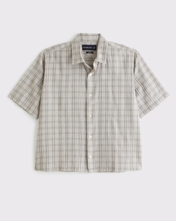 Men's Short-Sleeve Cropped Textural Plaid Button-Up Shirt | Men's Tops | Abercrombie.com
